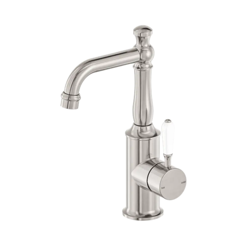 York Basin Mixer With White Porcelain Lever Brushed Nickel